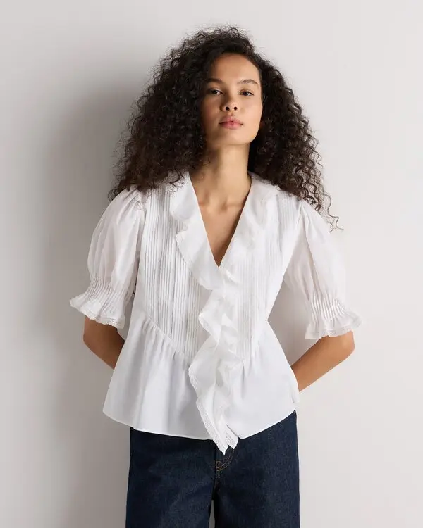 Quince Organic Cotton Voile Short Sleeve Peasant Blouse - Classic White