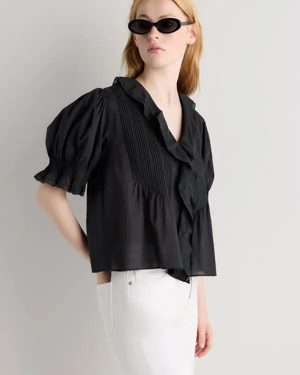Quince Organic Cotton Voile Short Sleeve Peasant Blouse - True Black
