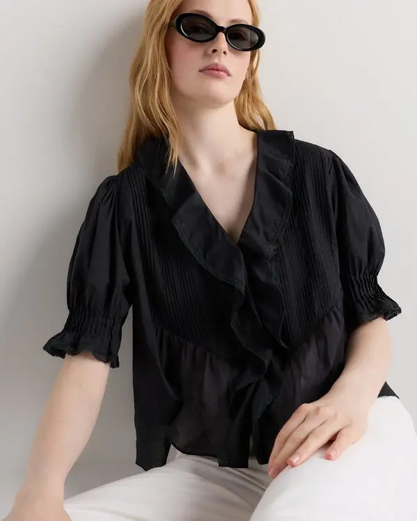 Quince Organic Cotton Voile Short Sleeve Peasant Blouse - True Black