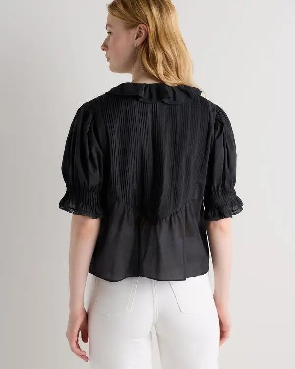Quince Organic Cotton Voile Short Sleeve Peasant Blouse - True Black