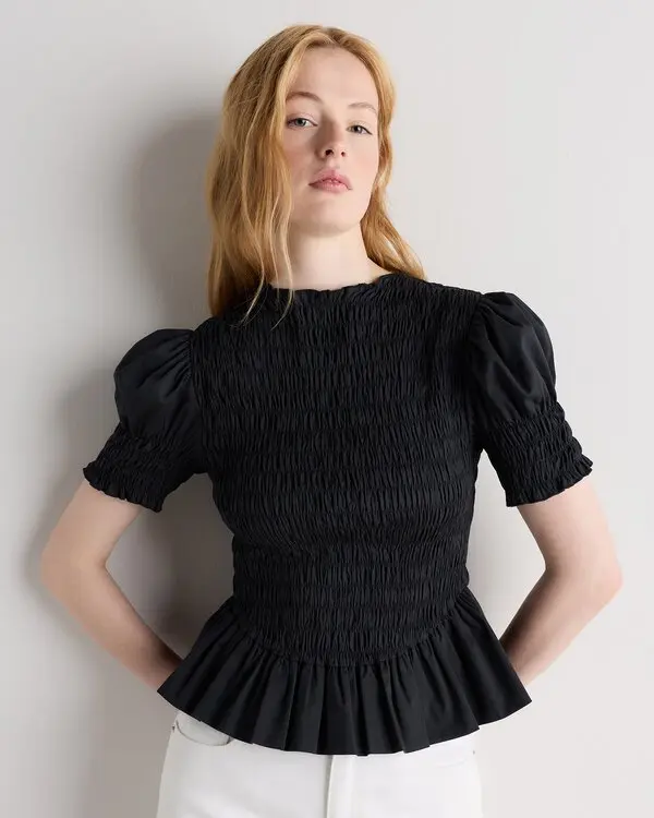Quince Cotton Viscose Voile Smocked Peplum Top - Black