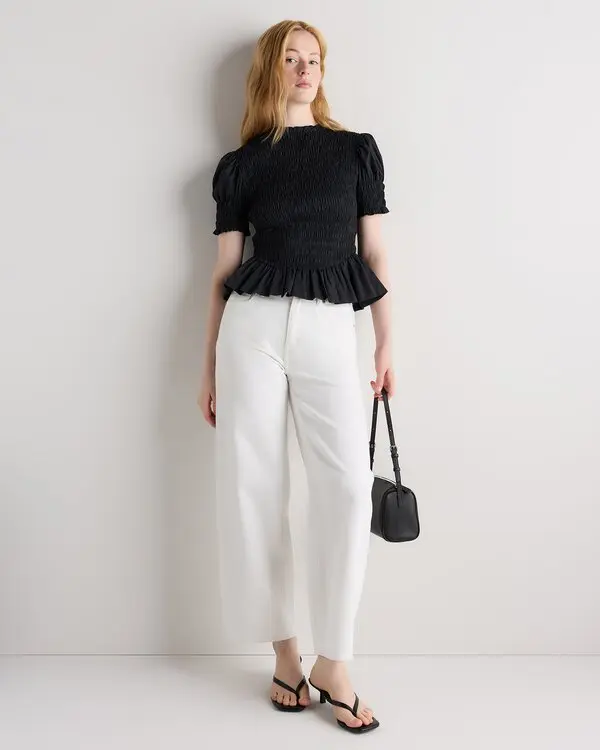 Quince Cotton Viscose Voile Smocked Peplum Top - Black