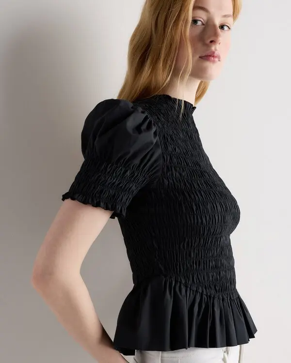 Quince Cotton Viscose Voile Smocked Peplum Top - Black