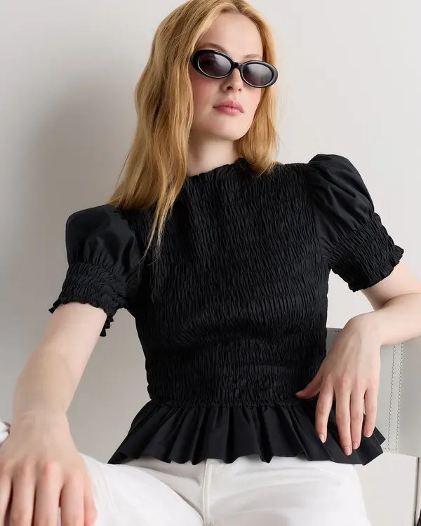 Quince Cotton Viscose Voile Smocked Peplum Top - Black