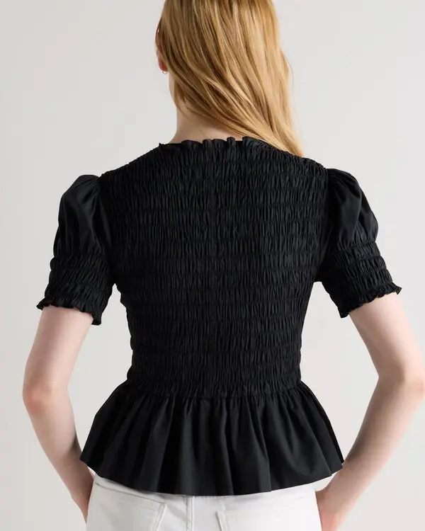 Quince Cotton Viscose Voile Smocked Peplum Top - Black