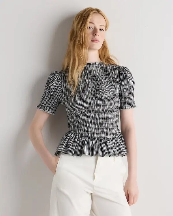 Quince Cotton Viscose Voile Smocked Peplum Top - Classic Mini Gingham
