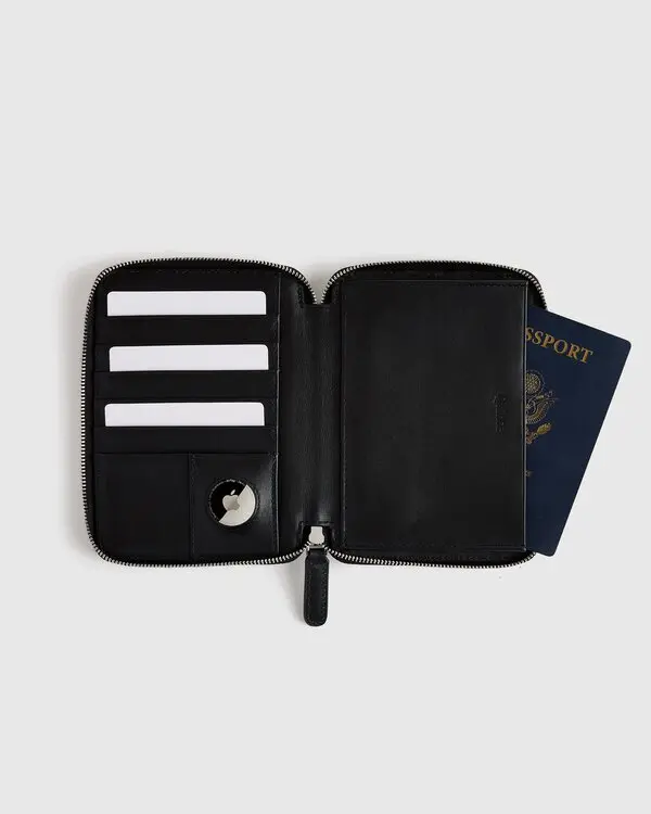 Quince Nappa Leather Rfid Zip Travel Wallet - Black
