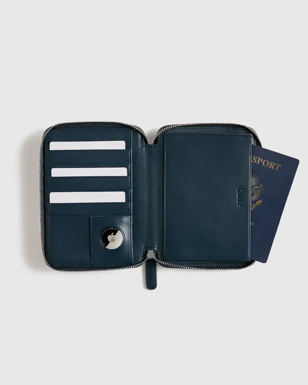 Quince Nappa Leather Rfid Zip Travel Wallet - Navy