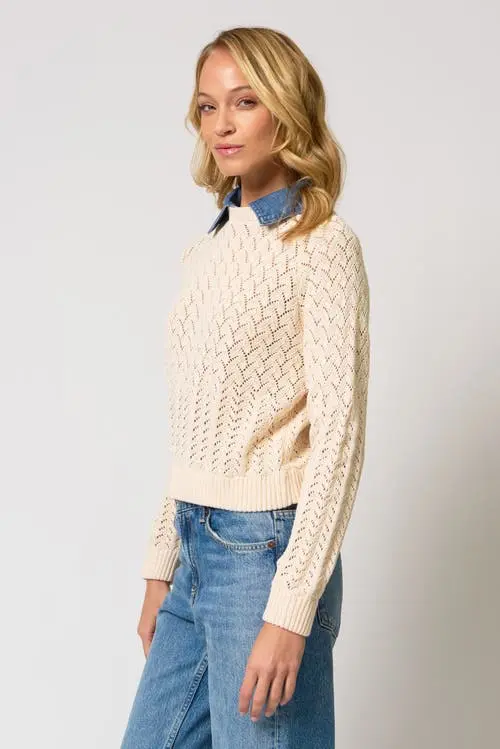 Central Park West Hazel Denim Collared Pointelle Sweater