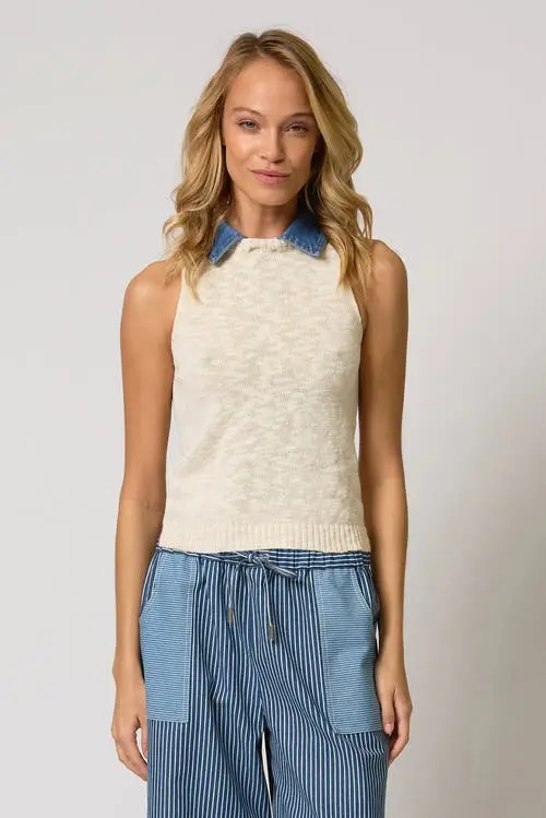 Central Park West Marlon Denim Collar Shell - Oat