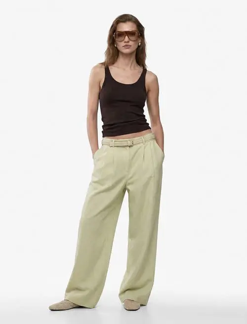 Koton Belted Linen Wide Leg Trousers - Sage