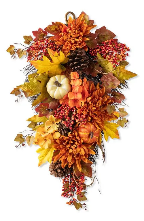 GLITZHOME 27"h Fall Dahlia Pumpkin Leaf And Berry Teardrop