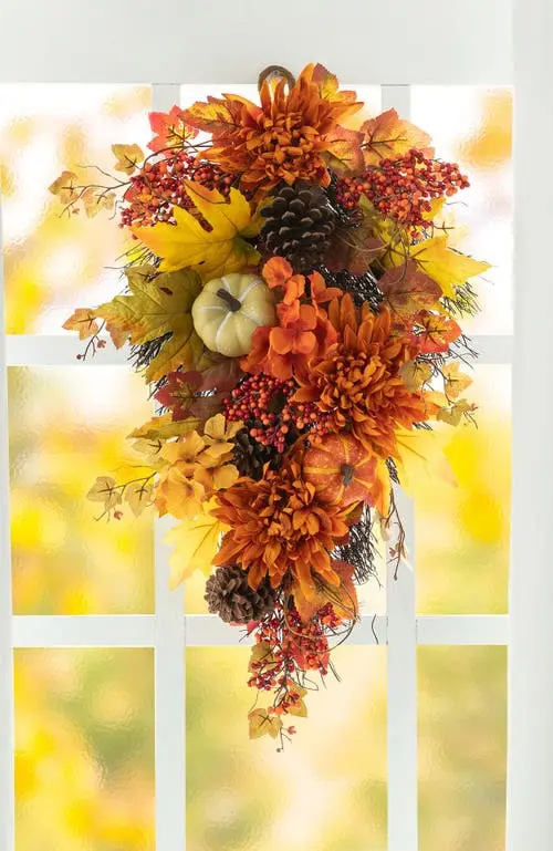 GLITZHOME 27"h Fall Dahlia Pumpkin Leaf And Berry Teardrop