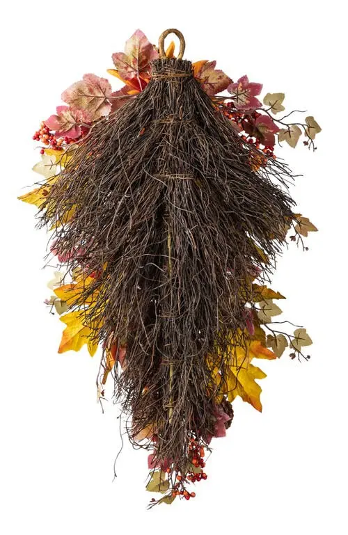 GLITZHOME 27"h Fall Dahlia Pumpkin Leaf And Berry Teardrop