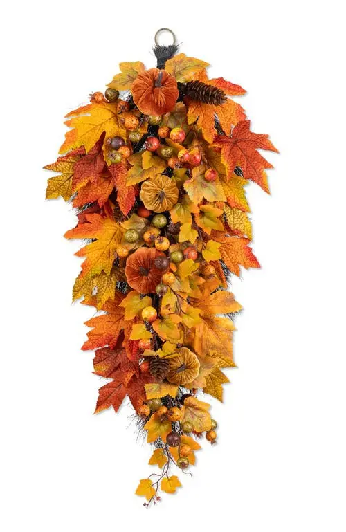 GLITZHOME 27"h Fall Dahlia Pumpkin Leaf And Berry Teardrop
