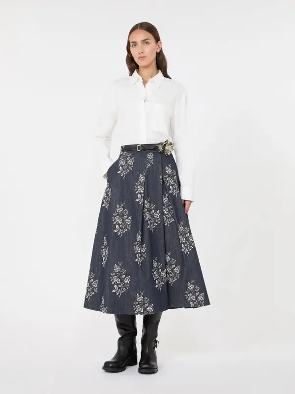 Max Mara Pleated Floral Print Cotton Skirt - Navy