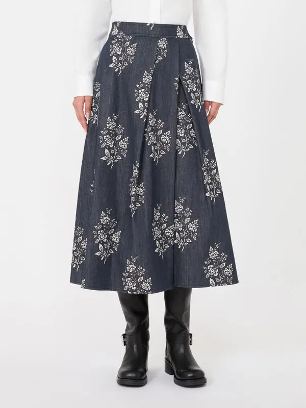 Max Mara Pleated Floral Print Cotton Skirt - Navy
