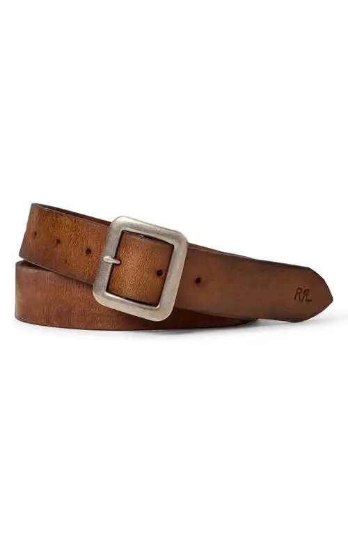 Double Rl Hand Burnished Leather Belt - Mid Brown