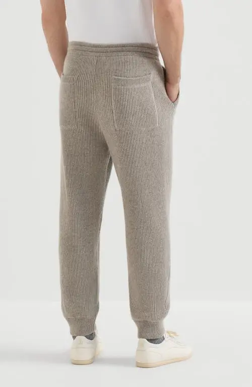 Brunello Cucinelli Cashmere English Rib Knit Joggers - Stone Grey
