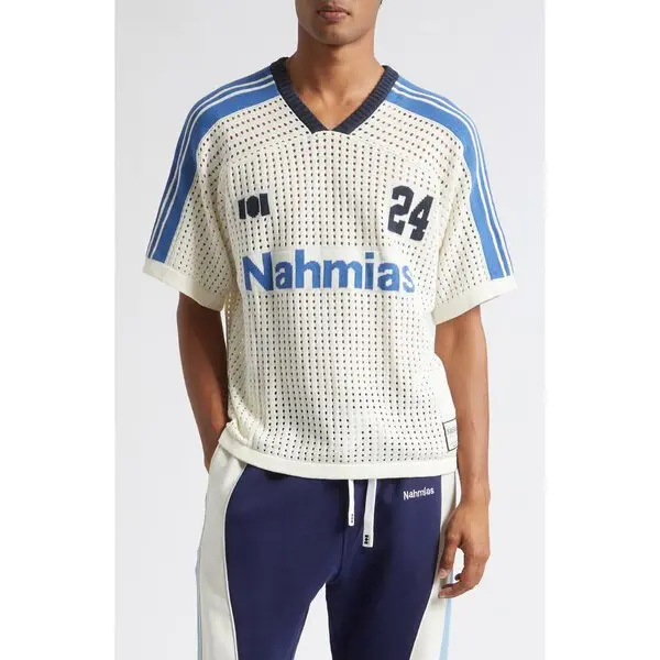 NAHMIAS Oversized Cotton Pointelle V-neck Soccer Jersey - Egg White