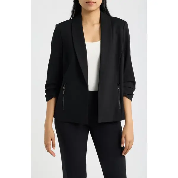 Anne Klein Ruched Sleeve Shawl Collar Jacket - Anne Black