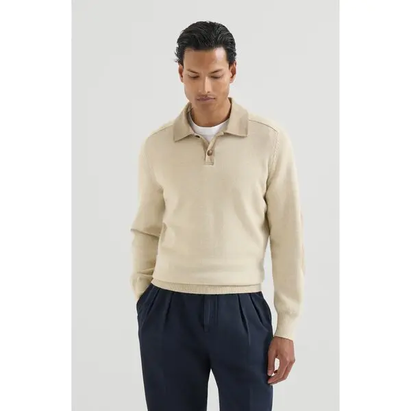 Brunello Cucinelli Cashmere Knit Polo With Suede Collar - Sand