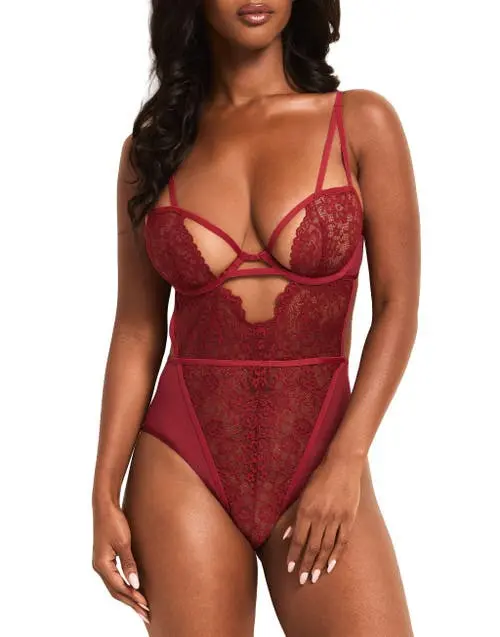 ADORE ME Sersha Lace And Mesh Bodysuit Lingerie - Dark Red