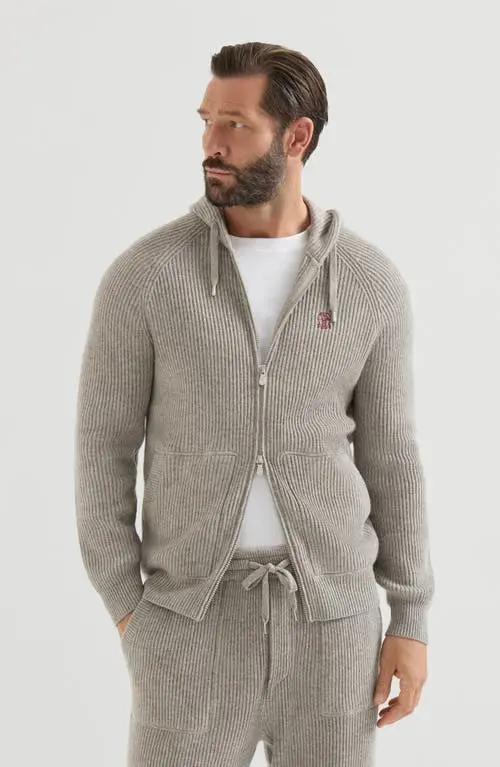 Brunello Cucinelli Cashmere English Rib Hooded Knit Sweatshirt With Logo And Zipper - Stone Grey
