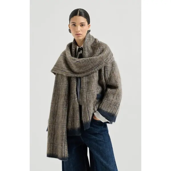 Brunello Cucinelli Mohair And Wool Prince Of Wales Double Knit Outerwear Jacket With Scarf - Brown