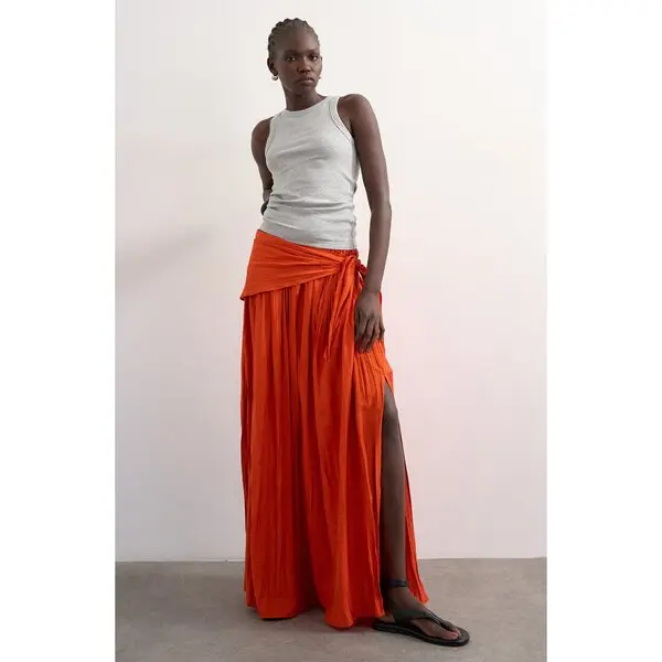 Topshop Sash Tie Crinkle Maxi Skirt - Orange