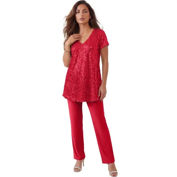 Roaman's 2 Piece S/s Sequin Top And Pant Set - Classic Red