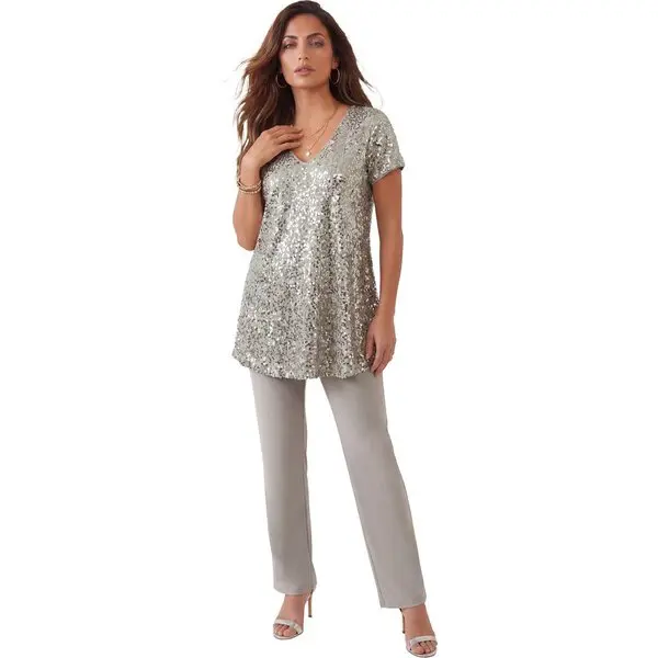 Roaman's Two-piece Sequin Tunic And Trouser Set - Silver Shimmer