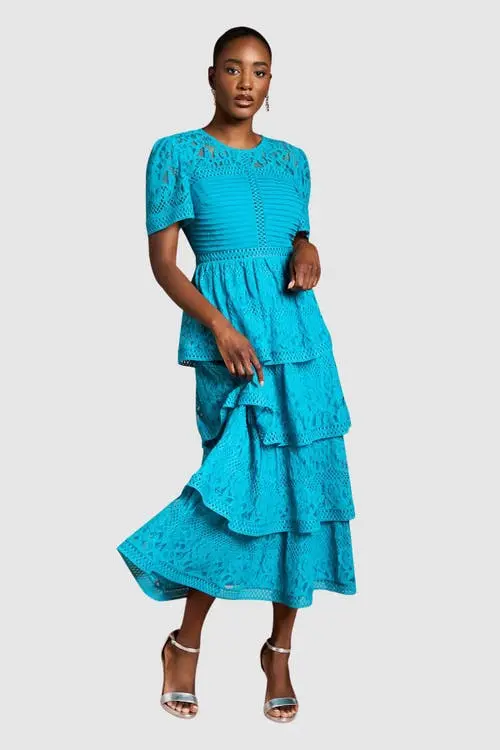 Coast Tiered Lace Midi Dress - Teal