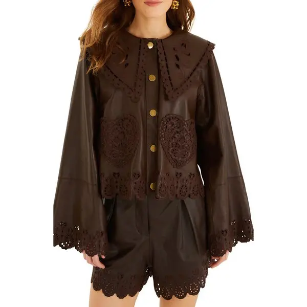 Farm Rio Hearts Richelieu Leather Jacket - Brown