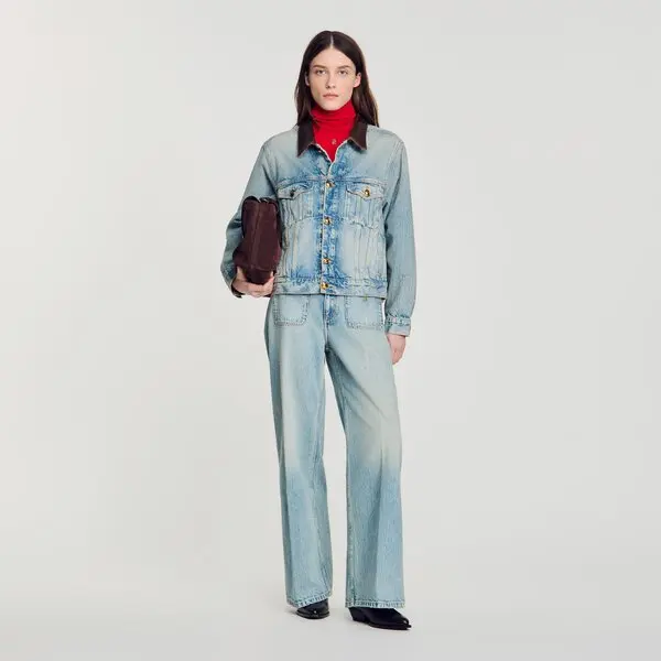Sandro Denim Jacket With Leather Collar