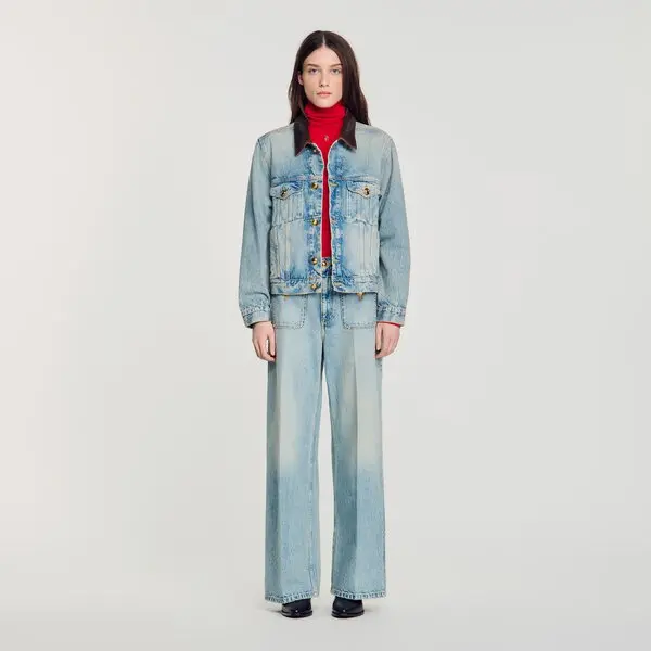 Sandro Denim Jacket With Leather Collar