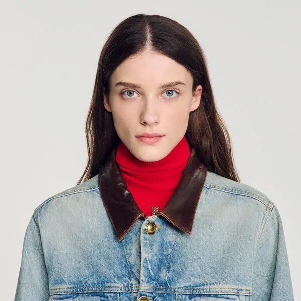 Sandro Denim Jacket With Leather Collar