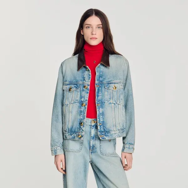 Sandro Denim Jacket With Leather Collar