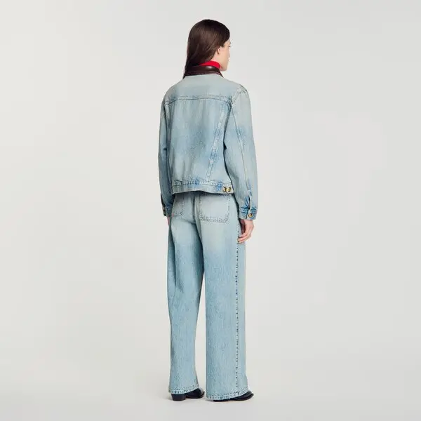 Sandro Denim Jacket With Leather Collar