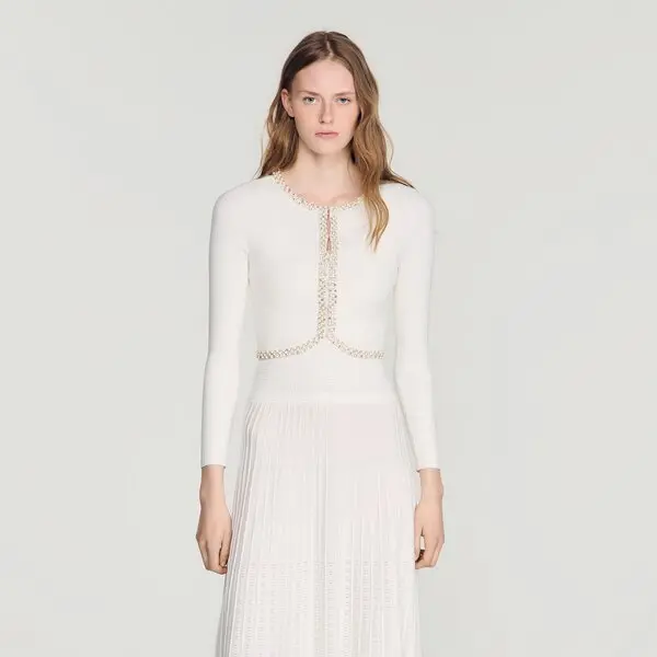 Sandro Cropped Pearl And Strass Cardigan