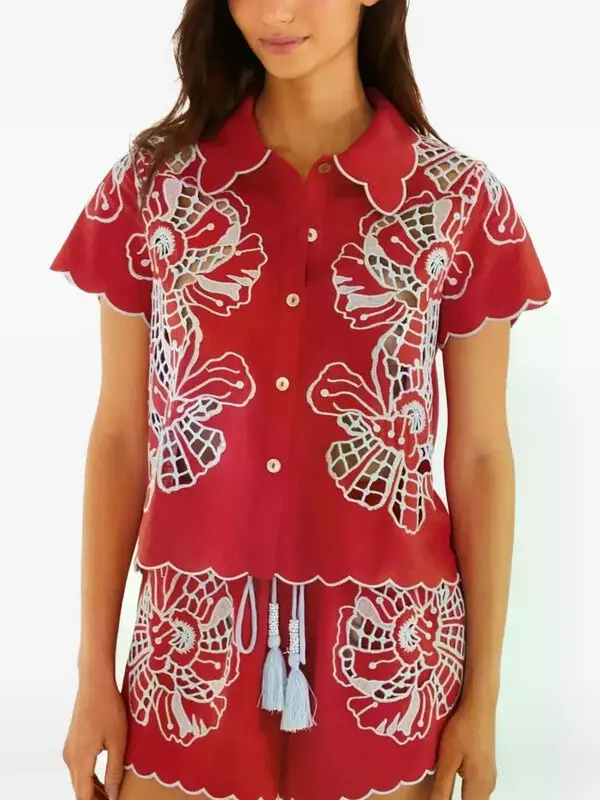 Farm Rio Floral-embroidered Shirt - Red