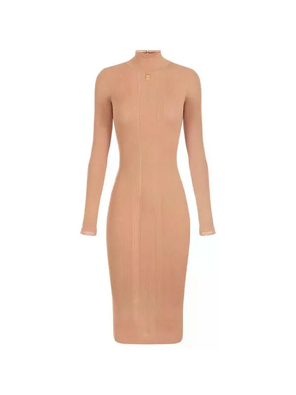 Elisabetta Franchi Ribbed Knit Turtleneck Dress With Logo Detail - Neutrals