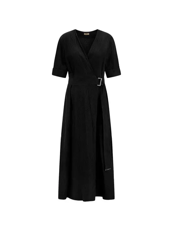 Herno Belted Seersucker-texture Midi Dress - Black
