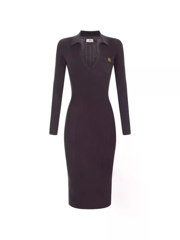 Elisabetta Franchi Logo Plaque Ribbed Knit Midi Dress - Brown