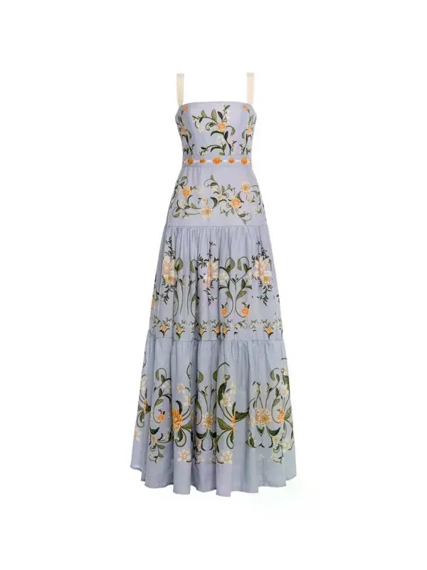 Agua Bendita Lima Embroidered Linen Maxi Dress - Blue