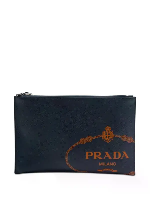 Prada 2010-2026 Saffiano Logo Clutch Bag - Blue