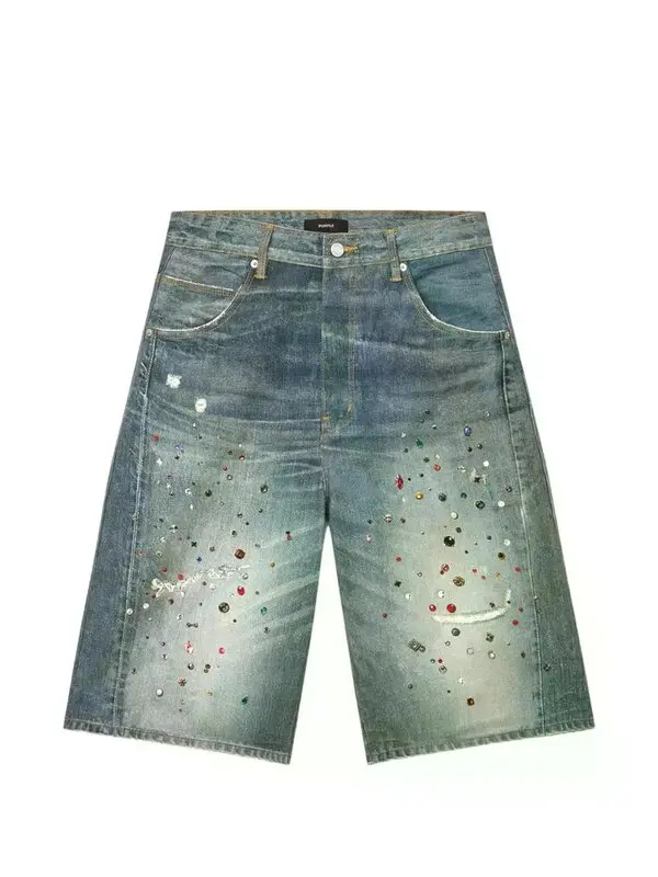 PURPLE BRAND Jewel Embellished Digital Print Wide Leg Denim Shorts - Blue