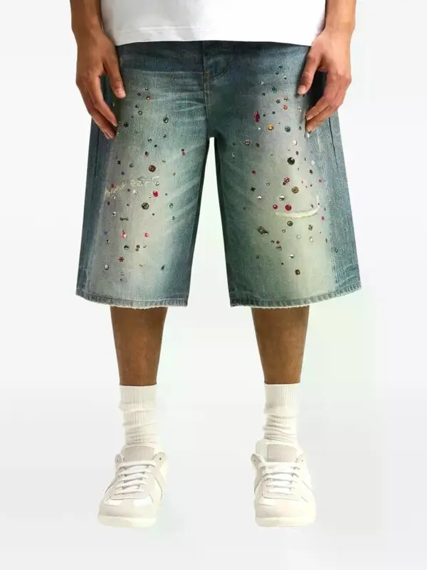 PURPLE BRAND Jewel Embellished Digital Print Wide Leg Denim Shorts