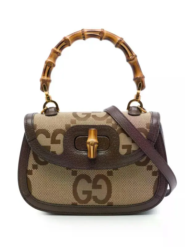 Gucci 2016-2026 Small Jumbo Gg Canvas Bamboo 1947 Top Handle Bag Satchel - Neutrals