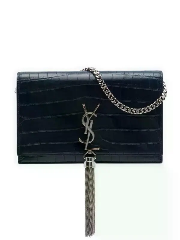 Saint Laurent 2017 Croc Embossed Leather Monogram Kate Tassel Wallet On Chain Crossbody Bag - Blue
